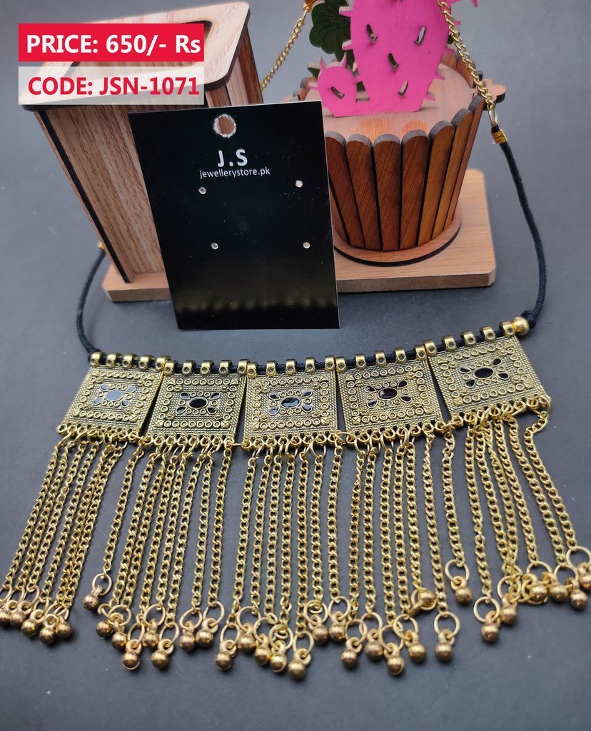 Fancy Long Chain Golden Oxidized Choker Necklace - J.S Jewellery Store PK