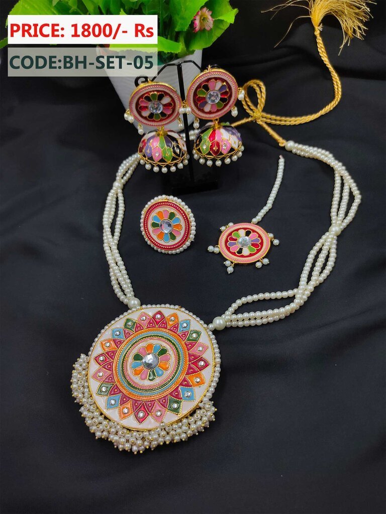 Long Pearl Maala Pendant Meenakari Set - J.S Jewellery Store PK