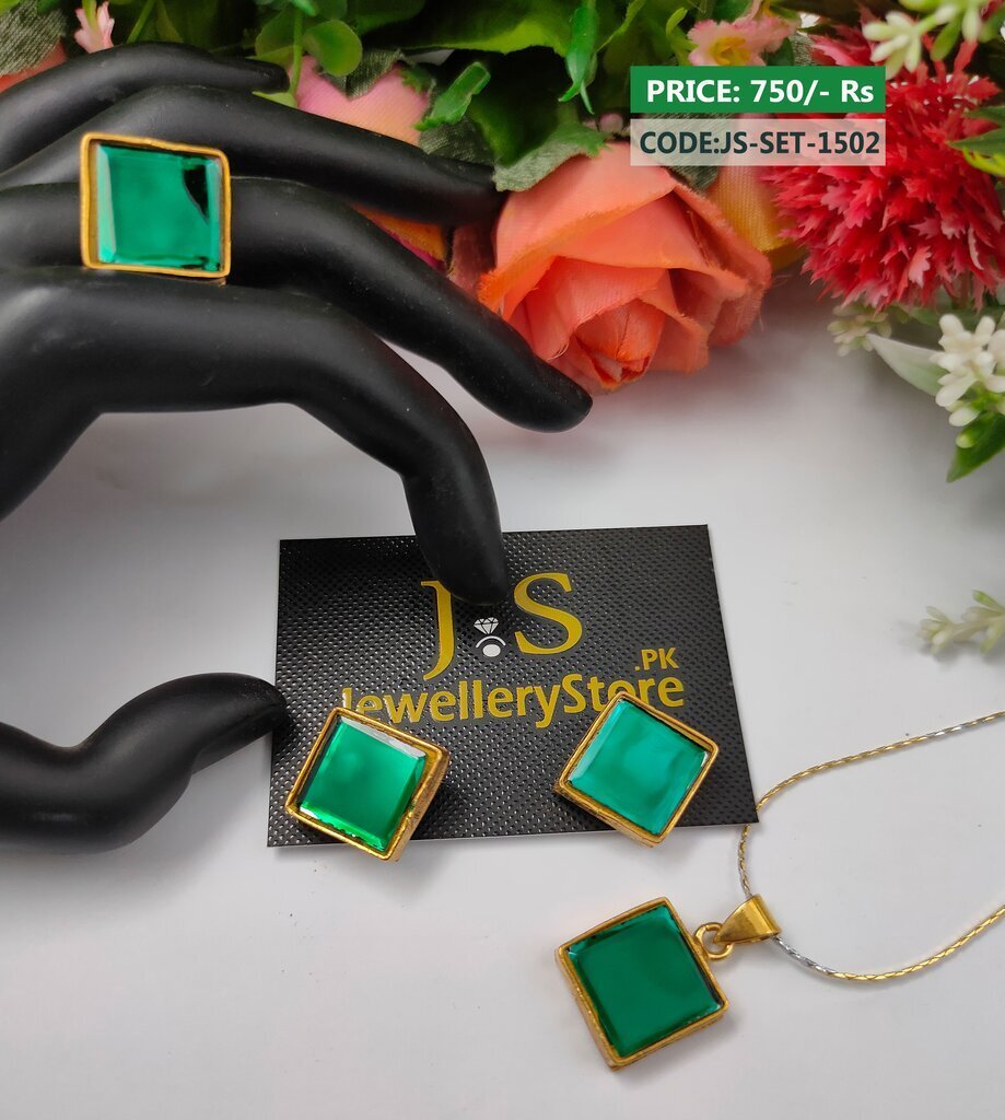 Green Stone Set Of Square Shape Pendant Jewellery - J.S Jewellery Store PK