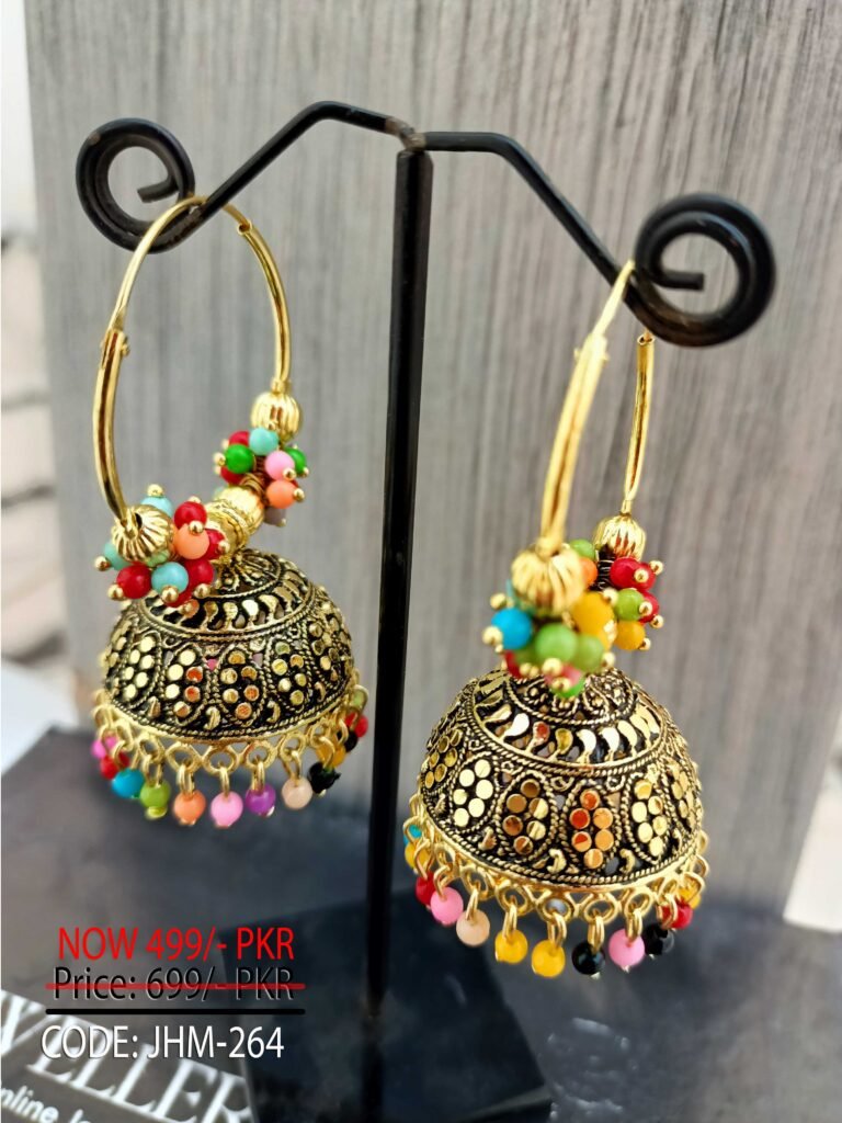 Trendy Golden Jhumkay With Multi Colors Beads - J.S Jewellery Store PK